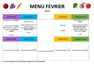 Menu pour le mois de février 2024 – APEEE – EEB2 – Woluwe & Evere